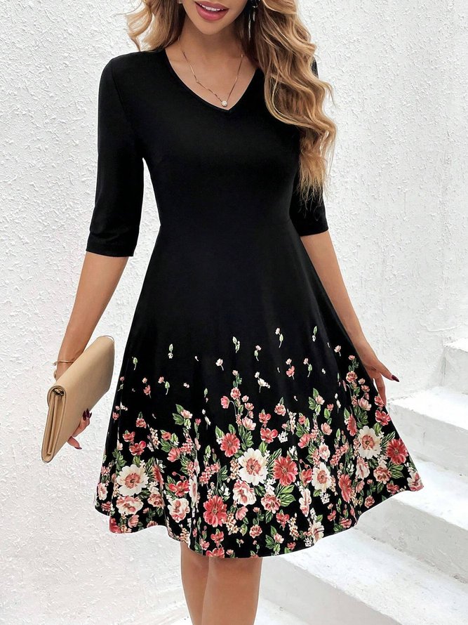 Women Floral V Neck Half Sleeve Comfy Casual Short Dress | Nc_usapp
